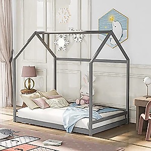 Full Size Wood House Bed, Wooden Bedframe with Roof for Kids, Teens, Boys or Girls, Gray