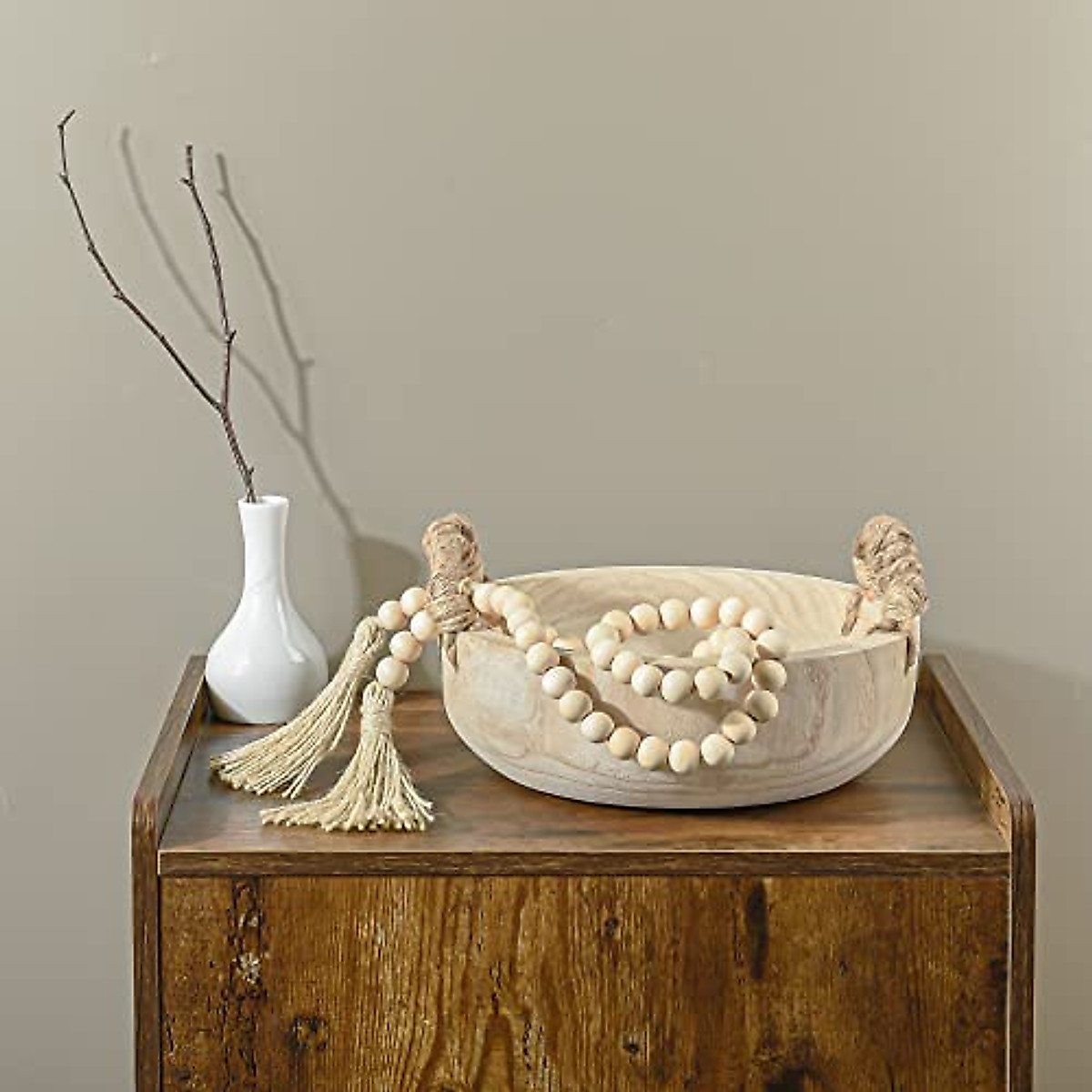 AllReal Paulownia Wood Bowl Rustic Wooden Dough Bowl for Decor Decorative Round Serving Key Bowl with Rope Handle and Wood Bead Garland for Tabletop Centerpiece Home Decor 9.5 inches