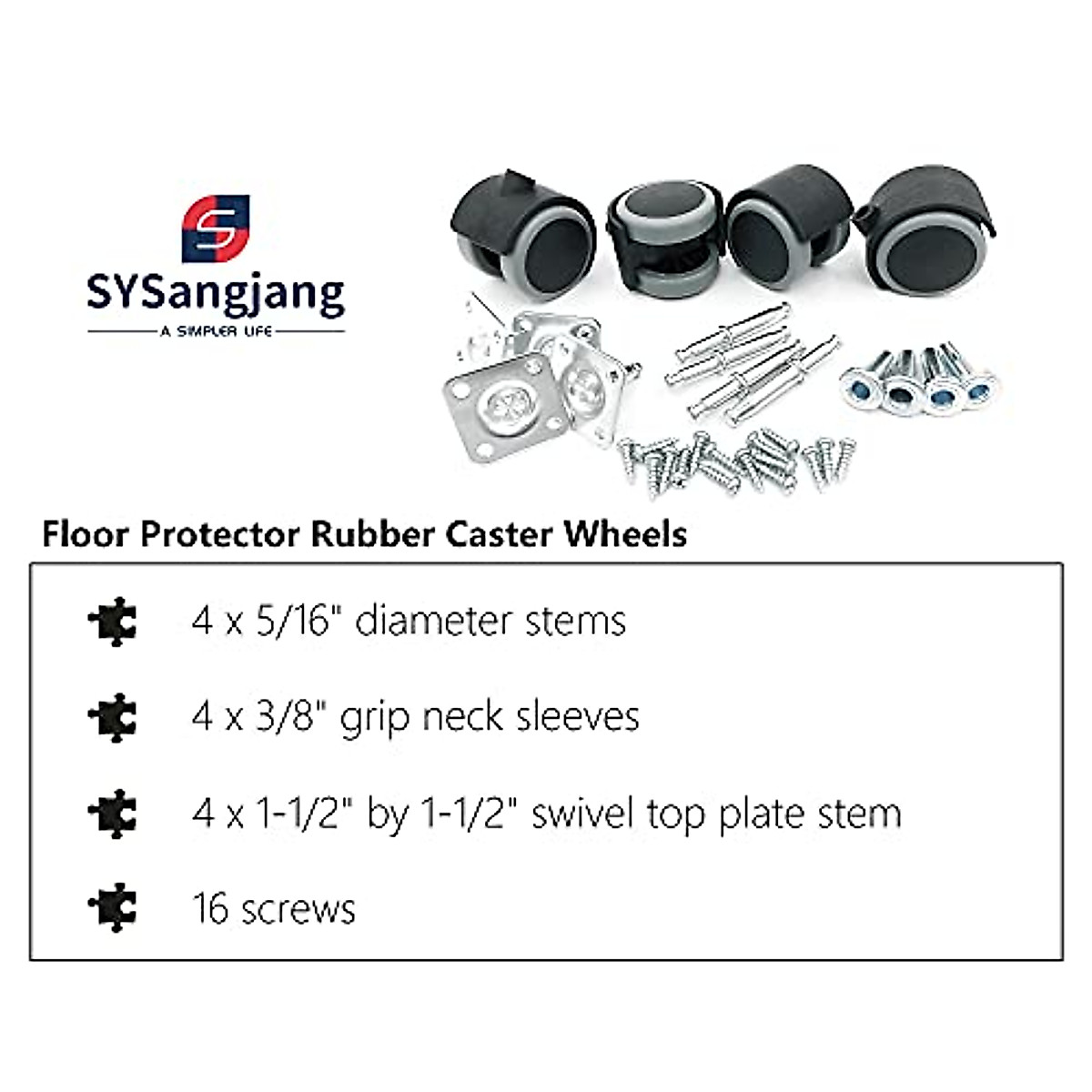 SYSanjang SYTX-324 2" (Set of 4) Floor Protector Rubber Caster Wheels (5/16 Inch Stem/Top Plate Mounting Options)