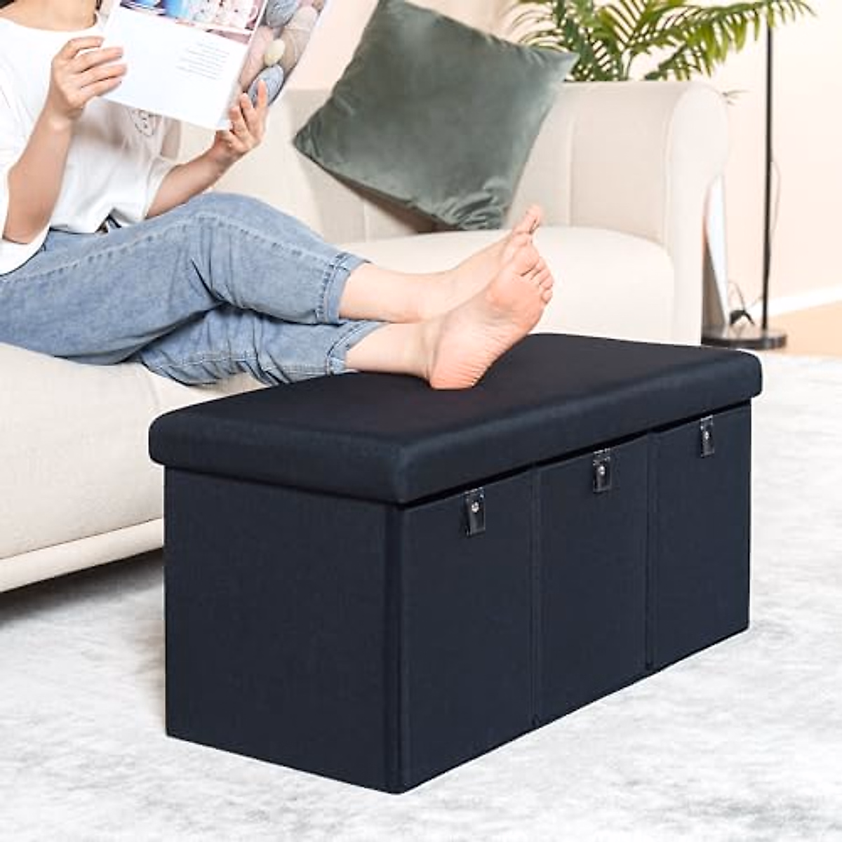 PINPLUS Storage Ottoman Bench with Drawers, 30inches Black Linen Fabric Folding Storage Chest Padded Seat Modern Dressing Stool, Footrest Shoe Bench for Bedroom Bathroom Living Room Entryway Offices