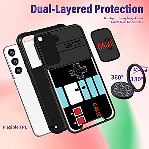 Funermei (2in1 for Samsung Galaxy S22 Case for Women Boys Cute Cover Cartoon Teens Fun Funny Game Black for Men Kids Design with Camera Cover and Ring Stand Funda for Galaxy S22 Phone Cases