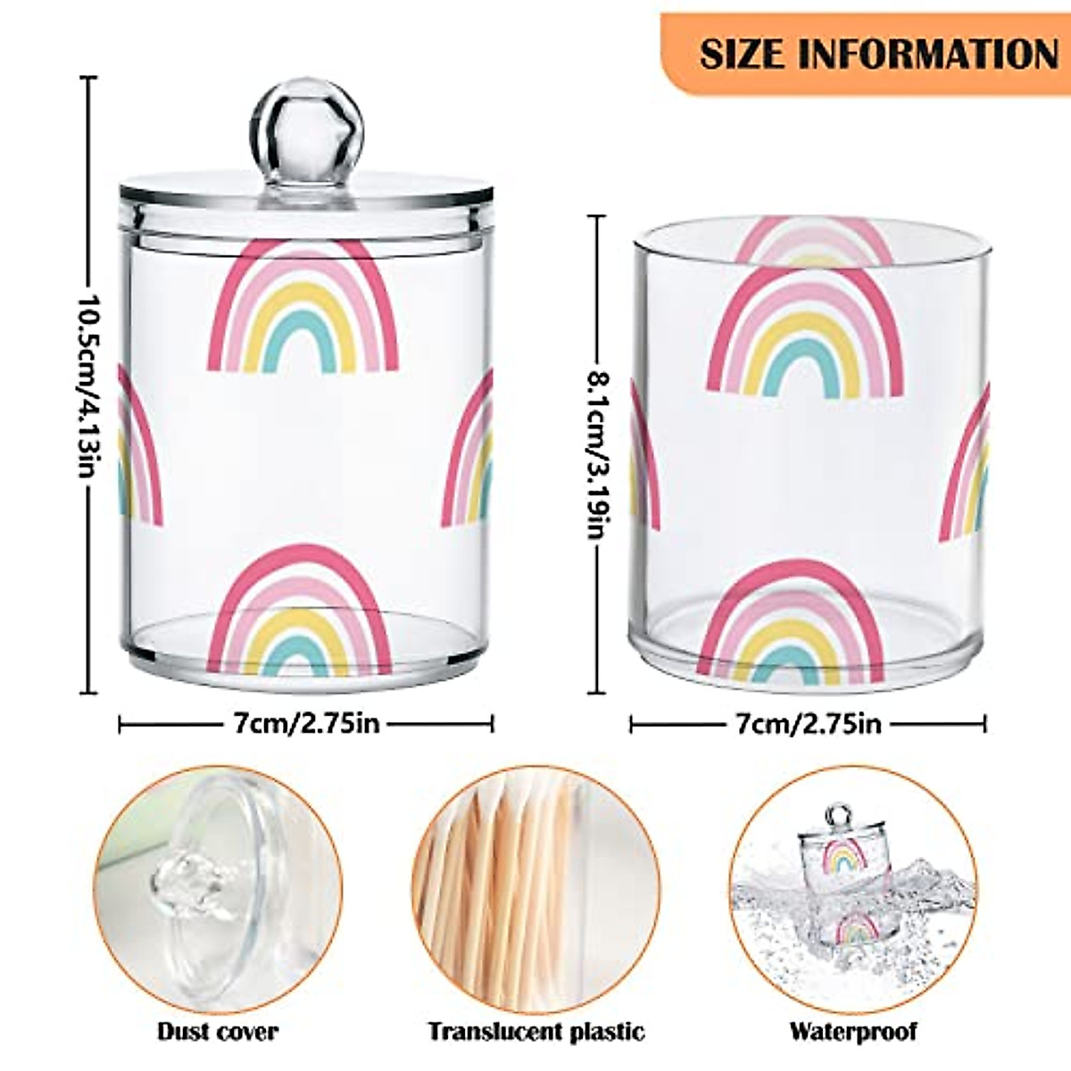 xigua 2 Pack Rainbow Qtip Holder Dispenser with Lids 14 oz Bathroom Storage Organizer Set,Clear Apothecary Jars Food Storage Containers for Tea,Coffee,Cotton Ball,Cotton Swab,Floss