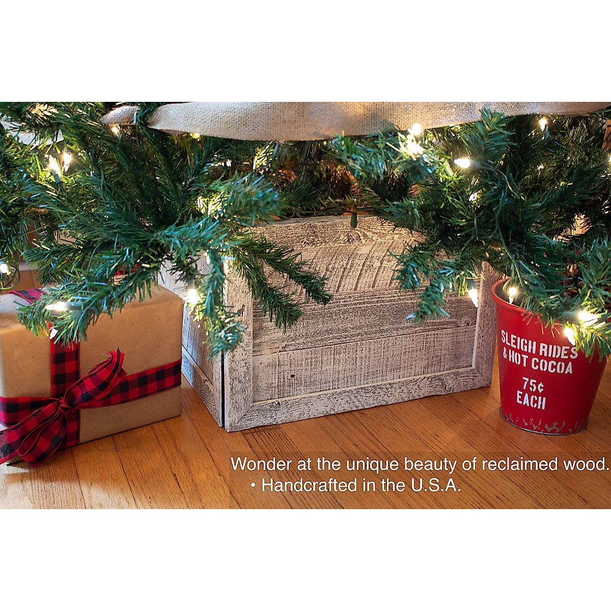 BarnwoodUSA Christmas Tree Collar or Box Made of Reclaimed Wood Rustic Skirt Replacement Blocks Kids & Pets, Adds Farmhouse Charm Natural, Hook-&-Loop Strip Panels, 30x22.5 in., Whitewash