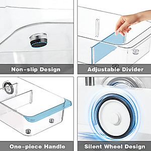 MANO 2 Pack Divided Rolling Refrigerator Tray Clear Roll Out Fridge Caddy Organizer with Wheels for Veggie Pantry Snackle Box Under Sink Bathroom Organizer and Storage Bins