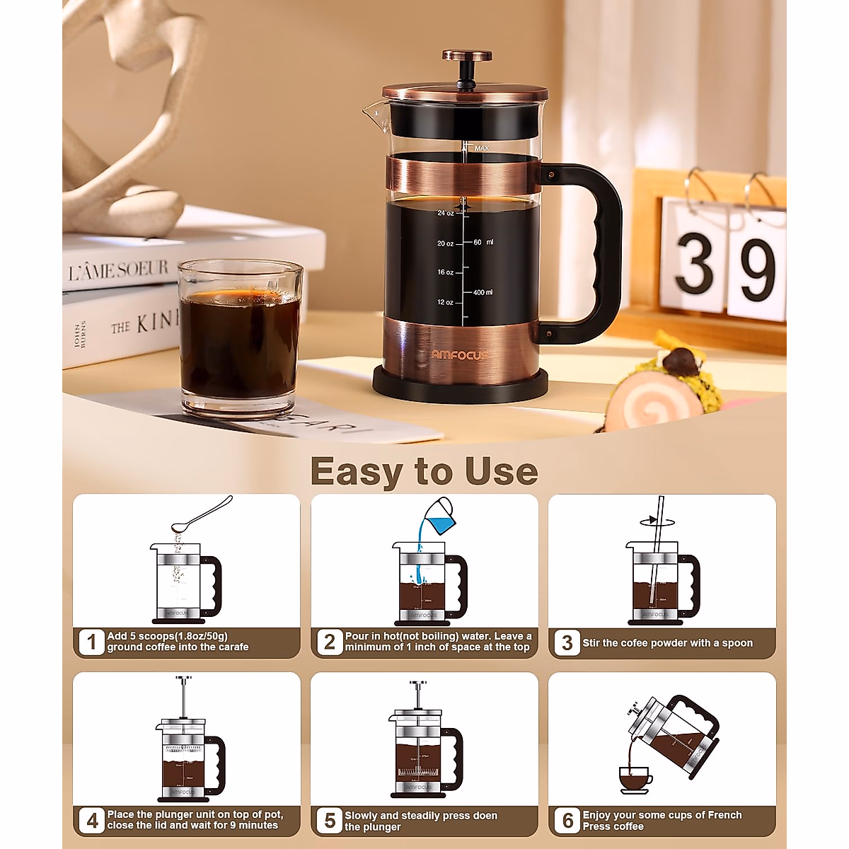 French Press Coffee Maker - 34 Ounce Classice Stainless Steel Coffee Press with 4-Level Filtration System, Heat Resistant Thickness Borosilicate Glass French Press Coffee Pot for Camping Travel Gift