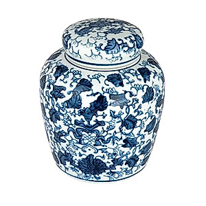 Creative Co-Op Blue & White Ceramic Ginger Jar with Lid