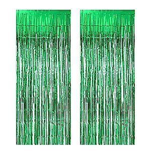 Muhome Green Foil Fringe Curtain, 2PCS 3.28FT x 8.2FT Tinsel Door Curtains & 1 Masking Tape Green Fringe Backdrop for St. Patrick's Day Wedding Kids Dinosaur Birthday Party Decorations