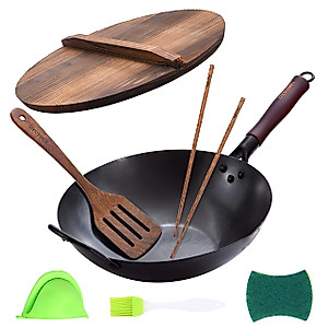 XEEYAYA Carbon Steel Wok Pan with Lid, Chinese Flat Bottom Woks and Stir Fry Pans, 12.5" Hand Hammered Traditional Wok for Electric, Induction & Gas Stoves