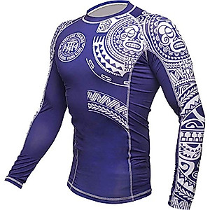 Hardcore Training Ta Moko Men's Rash Guard Compression Long Sleeve MMA No-Gi Tight BJJ Grappling Base Layer Fitness Blue White