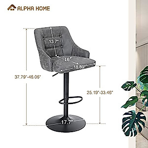 ALPHA HOME Swivel Bar Stool Adjustable Airlift Counter Height Bar Stool Kitchen Dining Cafe Hydraulic PU Leather Bar Chair with Padded Back and Black Chromed Metal Base, Grey,1PC