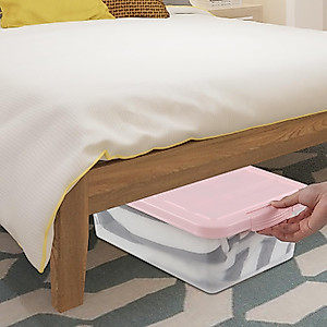 Qqbine 14 Quart Plastic Latching Storage Box, Plastic Underbed Storage Bin with Pink Lids, 2 Packs