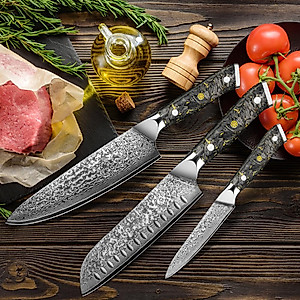 KEENZO Damascus knife set,Professional kitchen knives set 5 pcs,Sharp chef knife set.Hand forged 67-layers high carbon stainless steel knives set for Cooking.Ergonomic Full-Tang handle with gift box