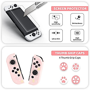 GLDRAM Dockable Protective Case for Nintendo Switch OLED, Cute Anime Rabbit Case Cover Compatible with Switch OLED Console and Joy Con, Hard PC Pink Skin Accessories with Thumb Caps & Screen Protector