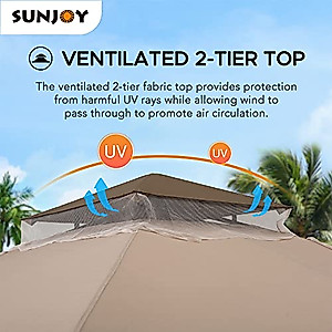 Sunjoy 9.5 ft. x 9.5 ft. Gazebo with 2-Tier Canopy Roof, Steel Frame Soft top Gazebo with Ceiling Hook and Mosquito Netting, Tan and Brown