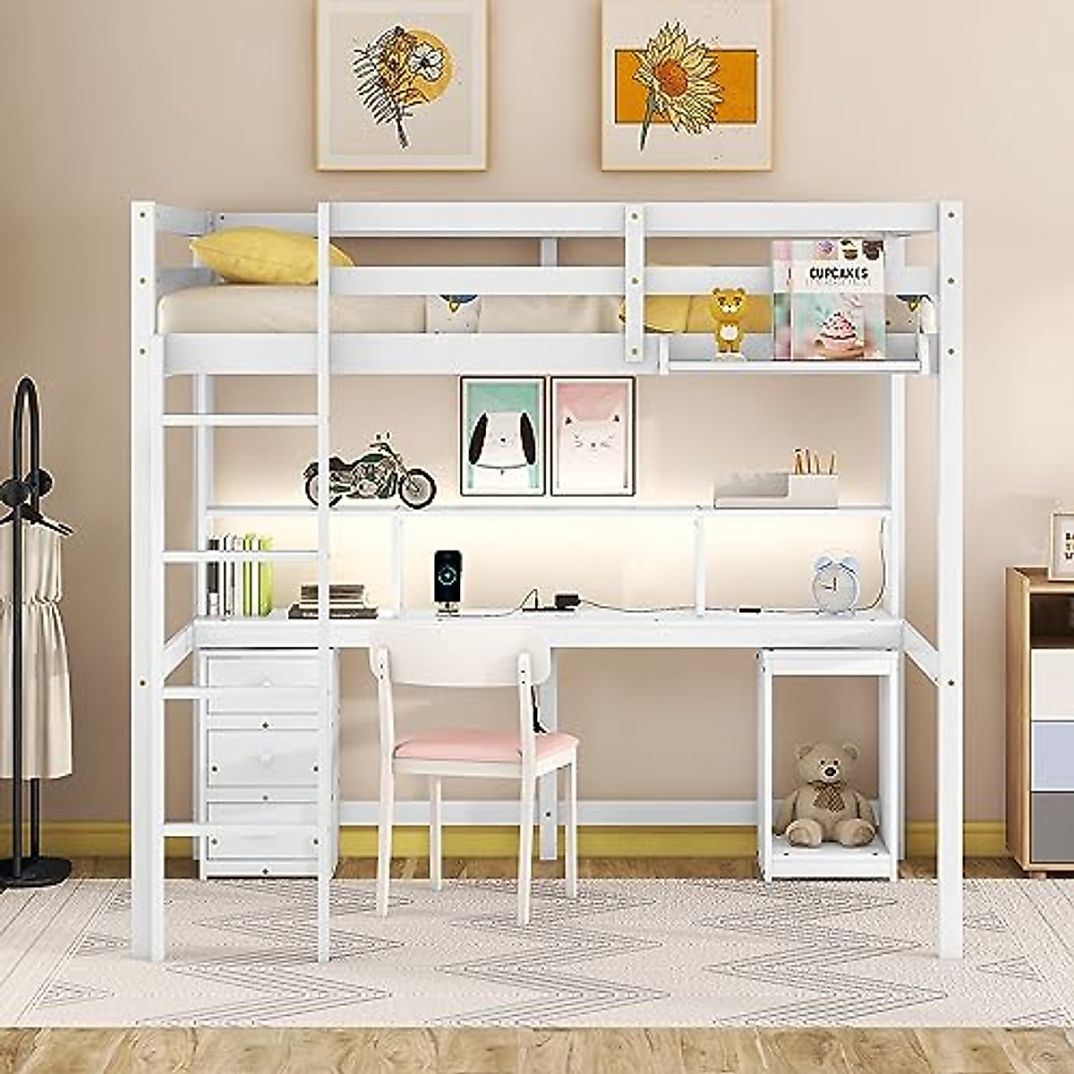 WADRI Full Size Loft Bed with Multi-Storage Desk, Wood Loft Bed Frame with LED Light and Bedside Tray, Loft Bed with Charging Station for Kids Teens Adult, Space-Saving Design