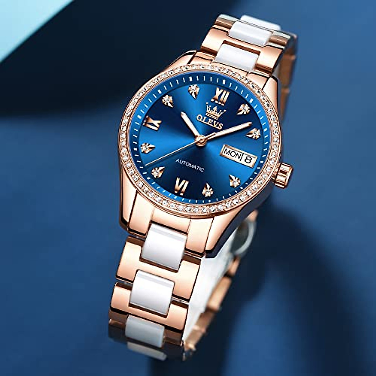 OLEVS Blue Self Winding Womens Watches Waterproof Rose Gold Stainless Steel Watches for Womens Ceramics Mechanical Wrist Watch Luxury Diamonds Automatic Watch Dress Women