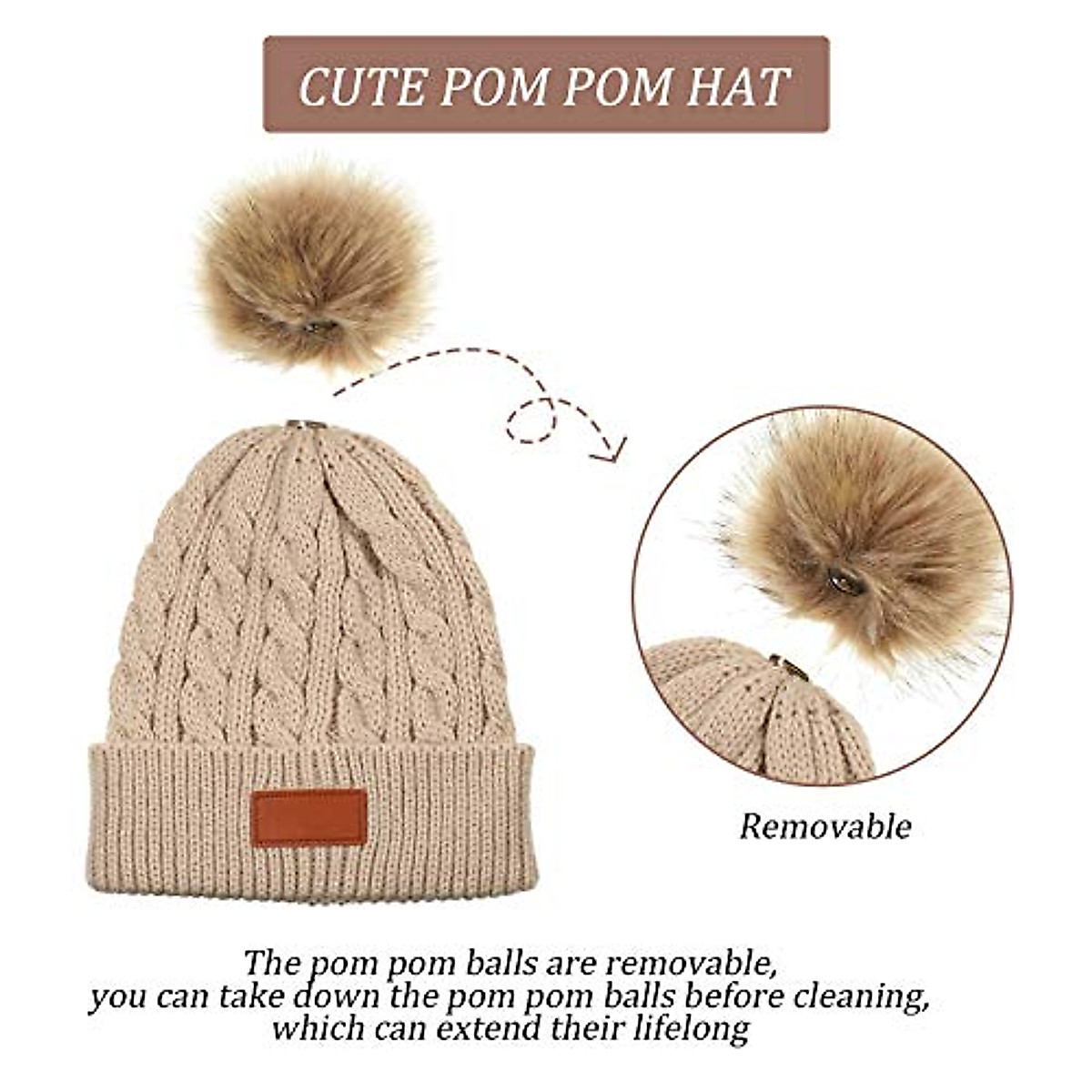 3 Pieces Kids Knitted Woolen Hat Winter Warm Pom Pom Beanie Cap Knit Hat with Detachable Pom for 1-3 Years Old Girls Boys (Black, Dark Pink, Khaki, Single Hairball)