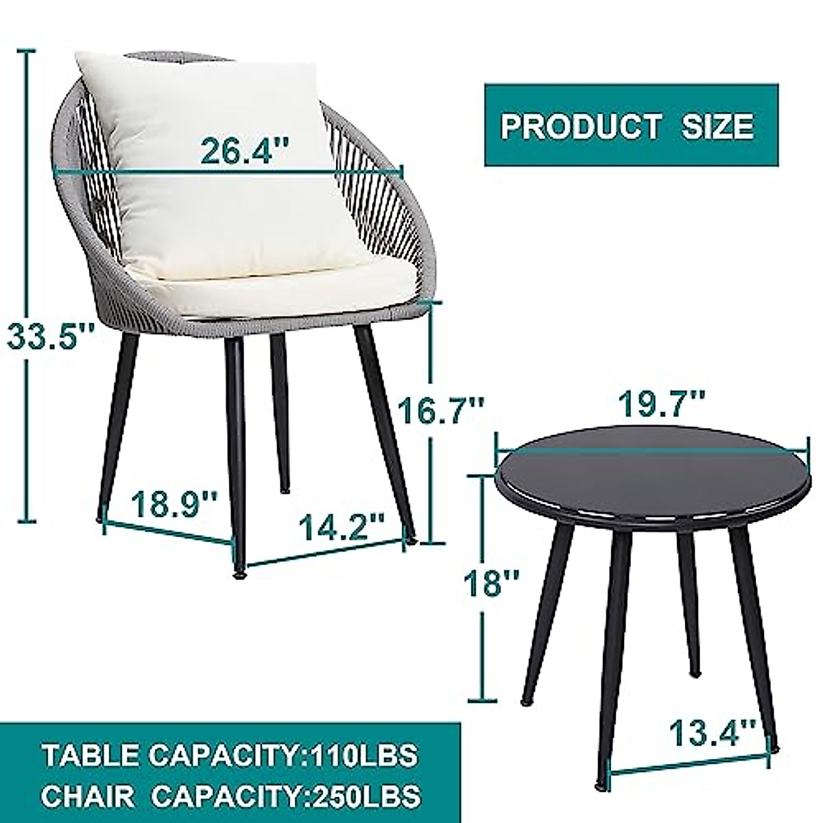 BETTAHOME 3 Piece Bistro Set, Patio Furniture Set with Cushion and Pillow, Outdoor Balcony Woven Chairs and Table, Grey and Black