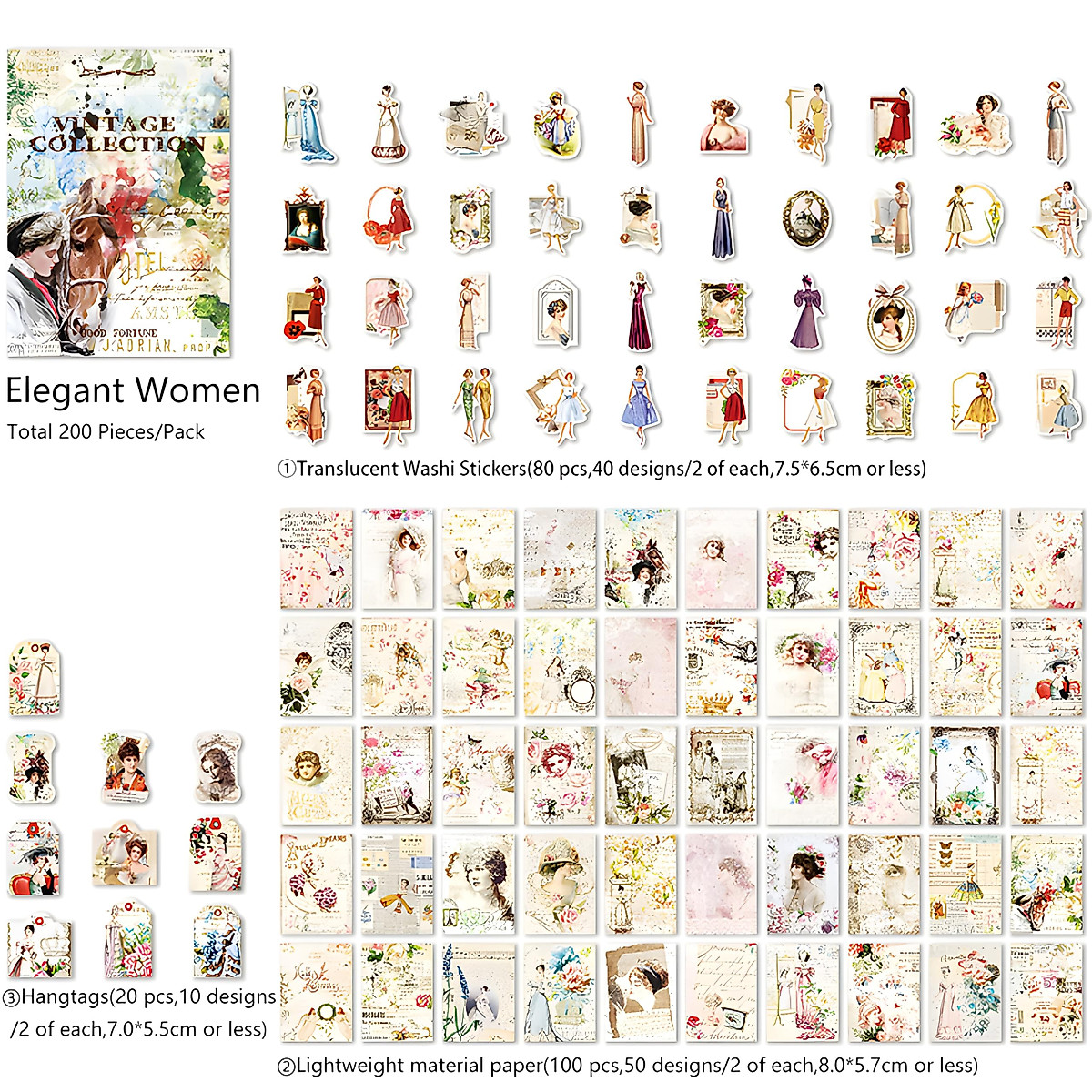 200 Pieces Vintage Ephemera Bundle Junk Journal Kit Scrapbook Supplies Paper Sticker Material Pack Scrapbooking kit for Art Journaling Bullet Journals Planners Collage Decoupage Crafter Gifts