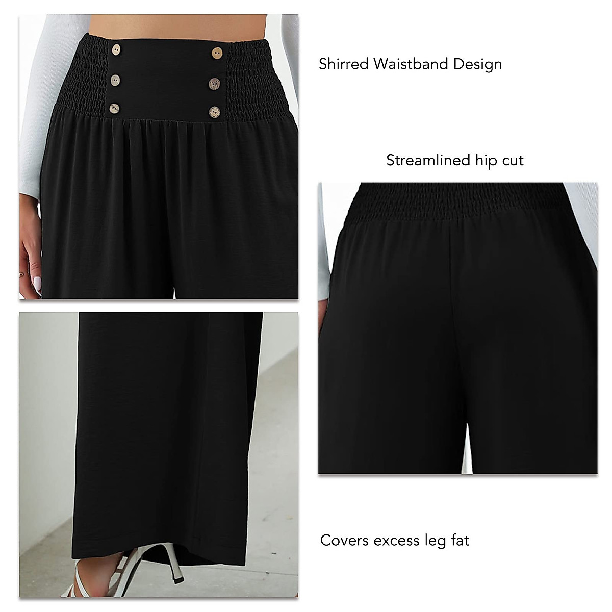 Pissente Women Wide Leg Trousers Shirred High Elastic Waist Button Decoration Casual Pants for Work Dating(XL-Black)