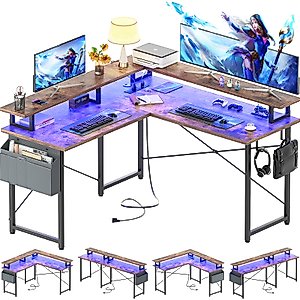 armocity L Shaped Computer Desk with Power Outlets, Gaming LED Lights, Corner Storage Shelves, Work Study for Bedroom, Home Office, Small Spaces, 47'', Rustic Brown