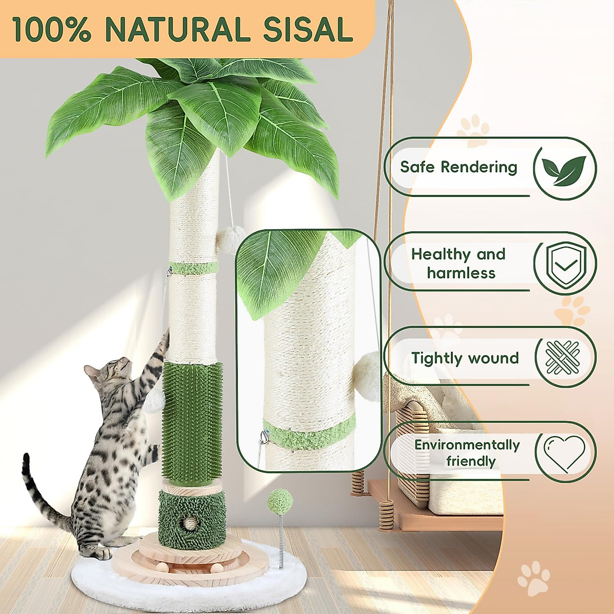 COUNER Cat Scratching Post for Indoor Cats Adults-39.4'' Tall Cat Scratcher with Nature Sisal Rope,Cat Toy Interactive Ball Self Groomer,Large Scratching Post for for All Cats Protect Your Furniture