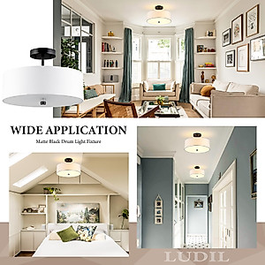 3-Light Semi Flush Mount Ceiling Light Fixture, 13" Black Drum Light, Modern Close to Ceiling Light with White Fabric Shade Lamps for Bedroom Living Dining Room Kitchen Hallway Entryway