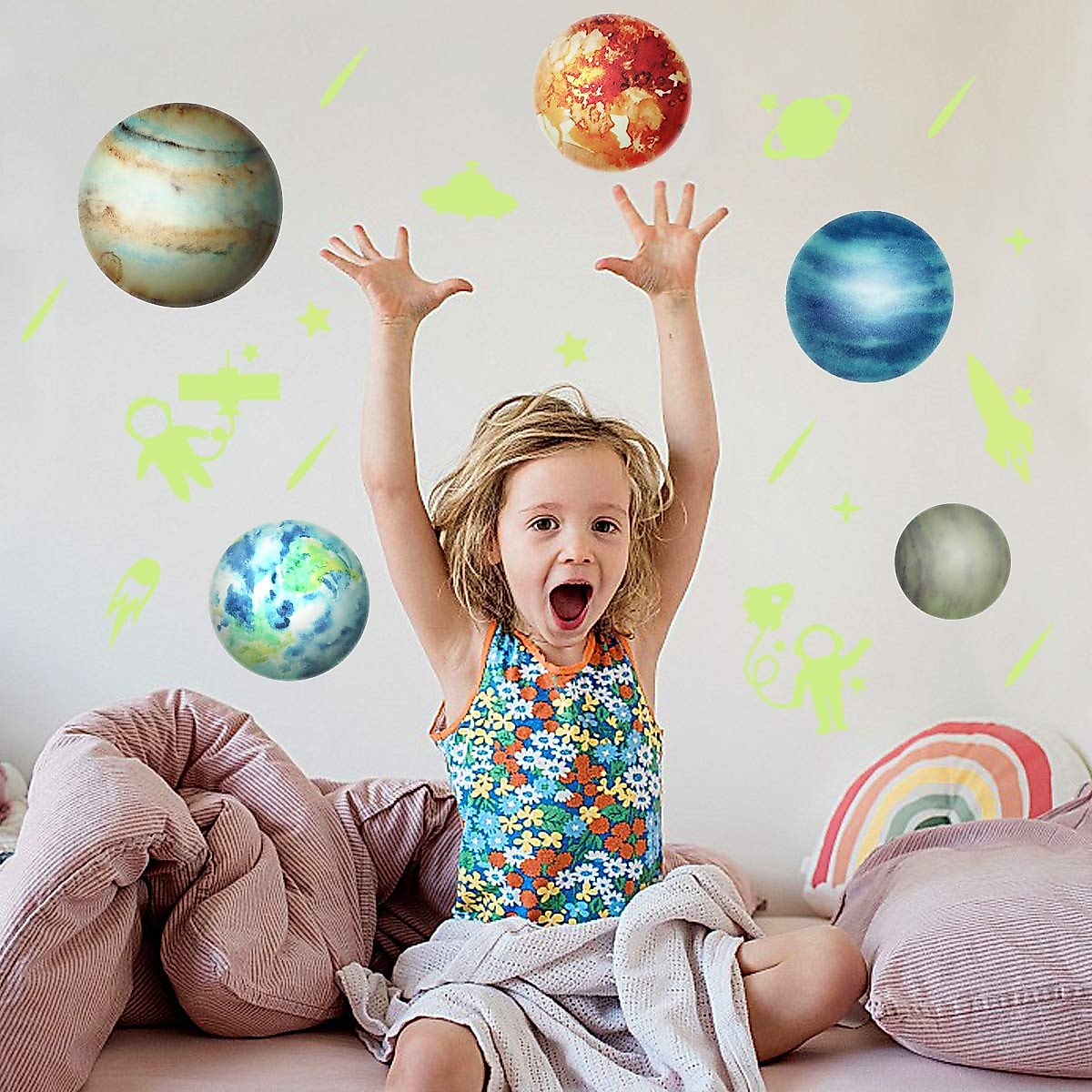 Toyvian Glow in The Dark Stars and Planets,Bright Solar System Wall Stickers,15 Glowing Ceiling Decals for Bedroom,Sun Earth and so on,Shining Space Decoration for Kids Girls and Boys,140PCS