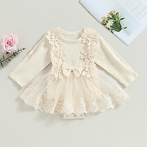 Newborn Lace Tutu Romper Dress Baby Girl Long Sleeve Princess Tulle Dress Infant 3D Floral Onesie Photography Fall Outfits (Apricot, 3-6 Months)