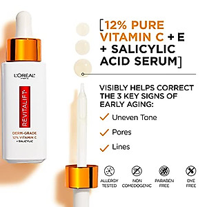 L'Oreal Paris Revitalift 12% Pure Vitamin C Serum, Vitamin E, Salicylic Acid, Moisturizing, Smoothing & Brightening, Non Greasy + Moisturizer Sample