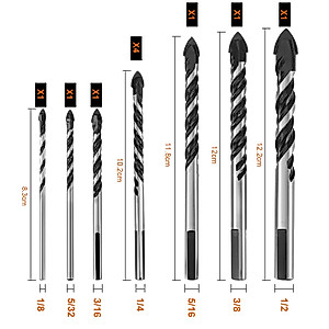 OCR 10Pcs Masonry Drill Bits Set, 1/8 to 1/2 Inch Bits for Power Drills, Professional Concrete Drill Bit Set for Tile Brick Cement Concrete Glass Plastic Cinder Block Wood