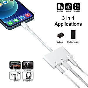FEINODI Dual 3.5mm iPhone Headphone Splitter, 3 in 1 iPhone Adapter for Headphone Jack, with Charging iPhone Splitter, Compatible with iPhone 13/12/11/X/8/8plus/7/7plus/iPad-Support iOS 15