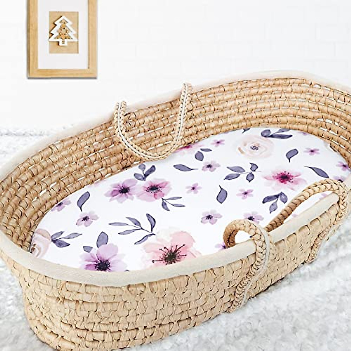 GFU Bassinet Sheets Fitted for Baby Girl, 2 Pack Soft Breathable Bedside Sleeper Sheets Set, Fit for Hourglass Oval Rectangular Bassinet Mattress Pad, Pink Purple Watercolor Floral