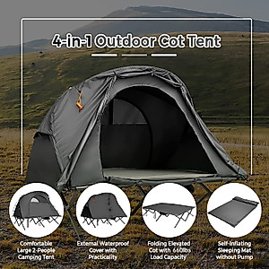 Tangkula 2-Person Tent Cot, 4-in-1 Folding Tent with Waterproof Rainfly, Self-Inflating Mattress & Roller Carrying Bag, Portable Off Ground Elevated Tent with Shoe Storage Pocket & Lamp Hook (Grey)