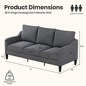 Luxury 72" Comfy Sofa Couch with Spring Cushion,Comfy Upholstered 3 Seater Sofa, Love-Seat Sofas & Couches with Deep Seat And Ultra Thick Cushion,Compact Small Couch for Bedroom Apartment Office,Grey