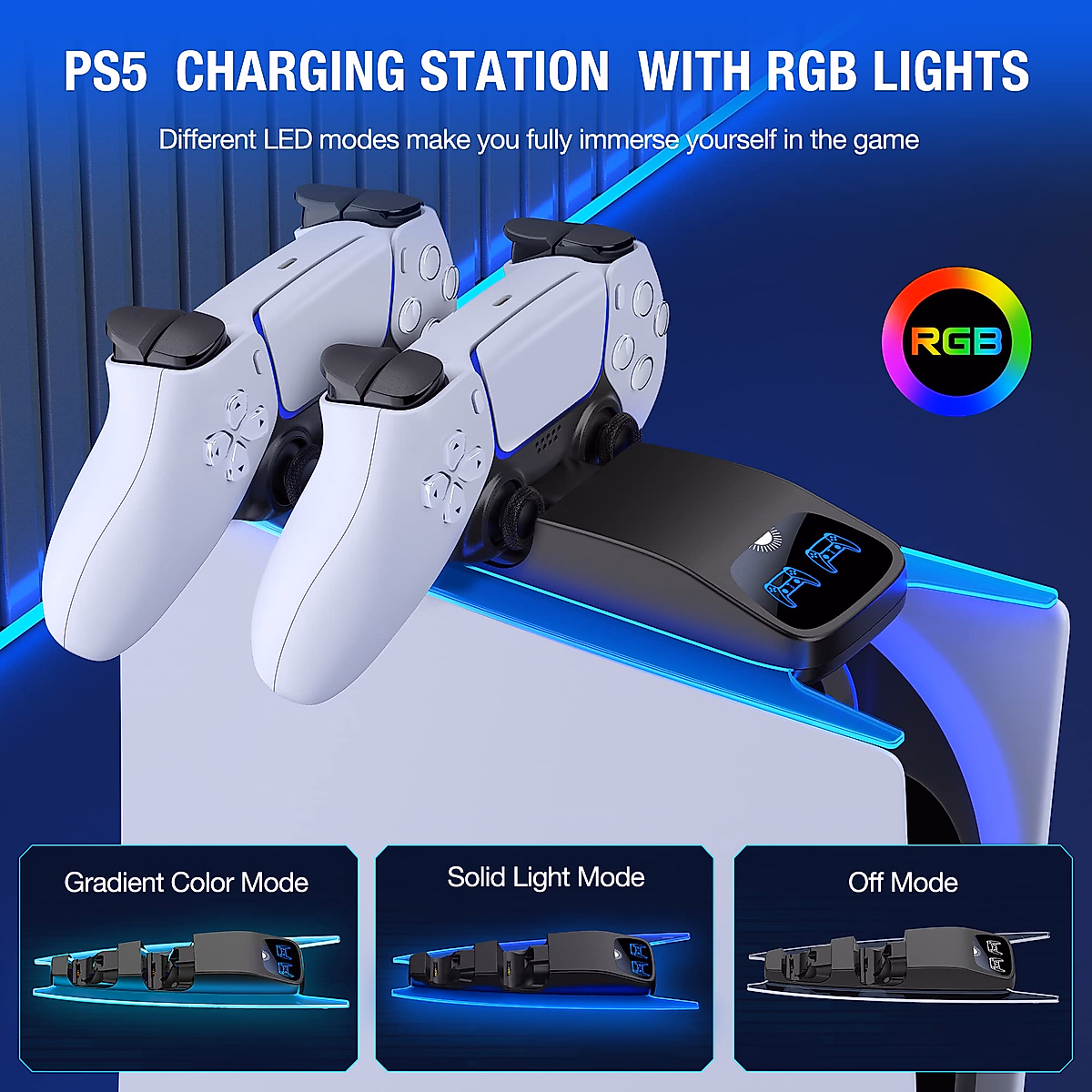 EXTREMECOOL PS5 Controller Charging Station for Dualsense, Dual PS5 Charging Station with RGB Light and Upgraded Touch Switch, PS5 Controller Accessories PS5 Controller Charger Dock on Top of Console