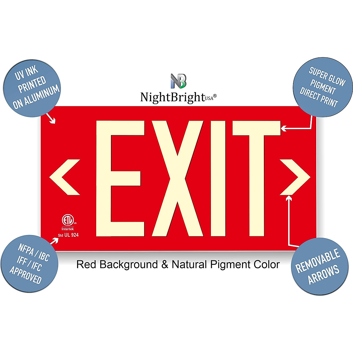 Photoluminescent Exit Sign Red - Aluminum - UL 924 Code Approved/IBC/NFPA 101 | NightBright USA Part Number ULR-050