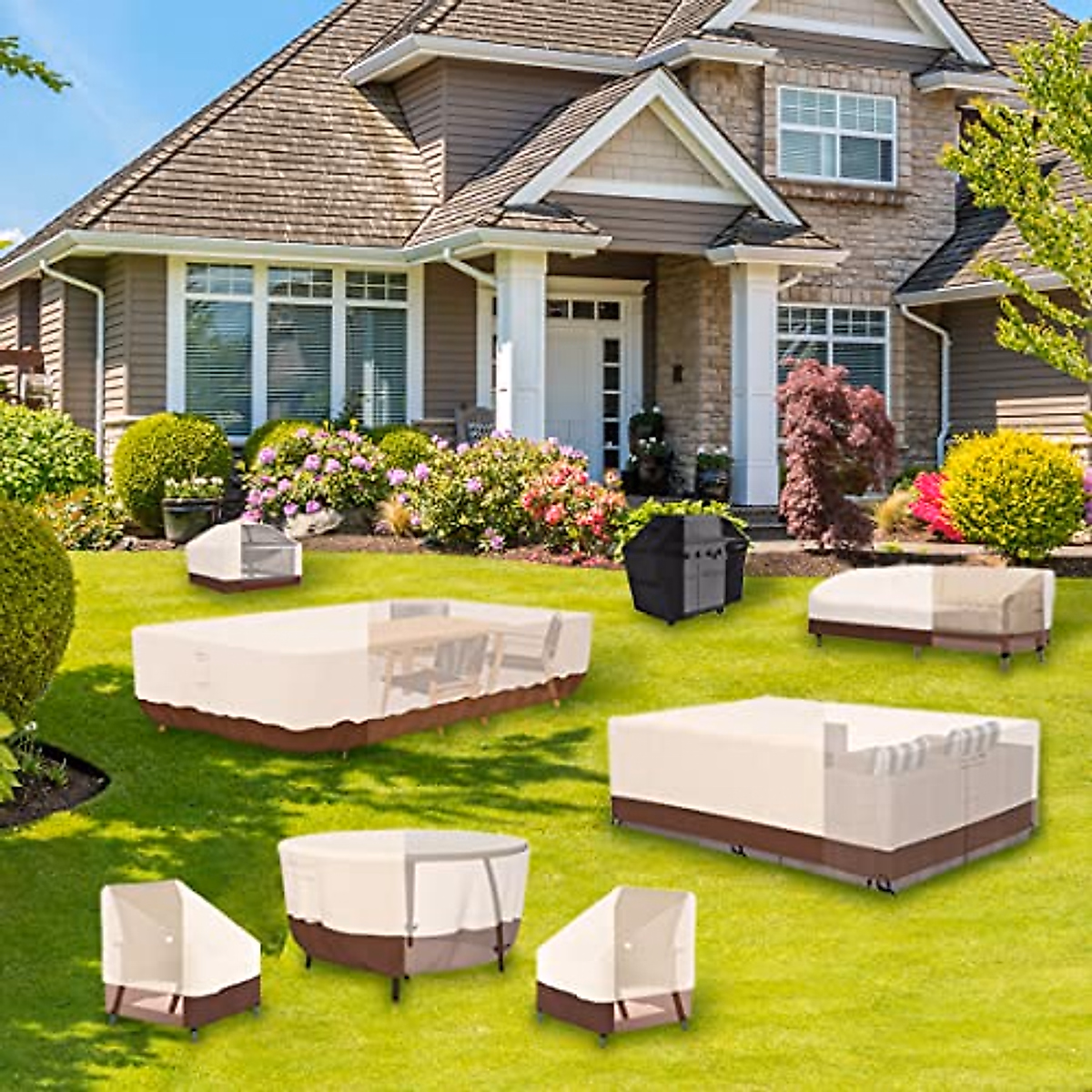 Tuyeho Patio Chair Cover 40 x 37 x 30 inch, 900D Heavy Duty Outdoor Adirondack Chair Cover, Waterproof & Weather Resistant for Your Patio Lounge Deep Seat Chair (Beige & Brown)