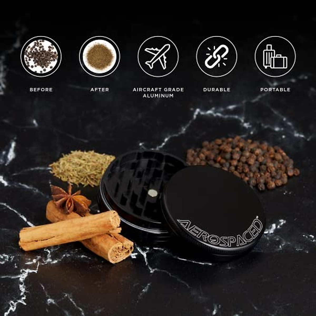 Aerospaced 2-Piece Grinder 6061 Aircraft-Grade Aluminum, 30 Razor-Sharp Diamond Teeth, Scratch-Resistant Anodized Finish, Secure Magnetic Lid, Airtight Seal - Enhance Your Cooking