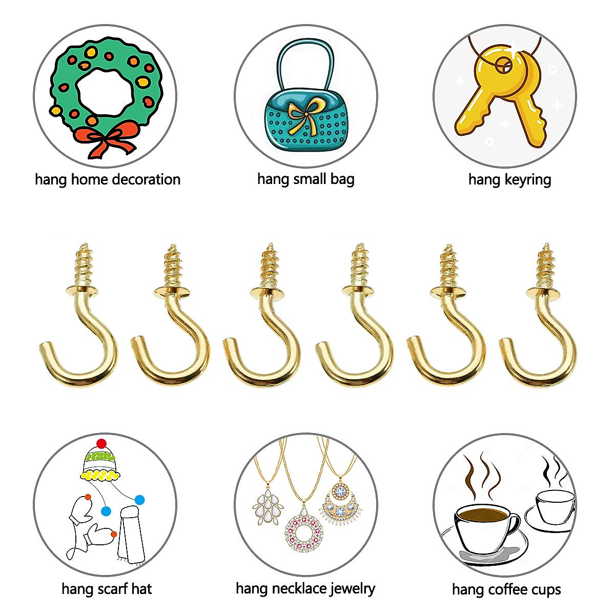LANSEYQO Mini Ceiling Screw Hooks, 50 Pcs (3/4 inch) Hanging Cup Hooks Brass Plated Screw-in Hooks for Hanging Plants Mug Arts Decorations, Gold