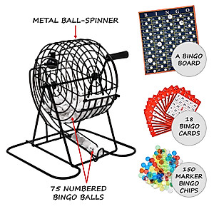 Deluxe Bingo Game Set with Metal Bingo Cage Spinner, 75 Numbered Balls, Master Bingo Board, 18 Bingo Cards and 150 Chips, for Adults, Seniors, Kids and Family