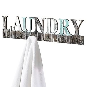 MyGift Wall Mounted Solid Torched Wood Towel Hook Rack for Laundry Room with 6 Dual Hooks, Clothes Hanger Hooks with Multicolored Cutout Laundry Letters