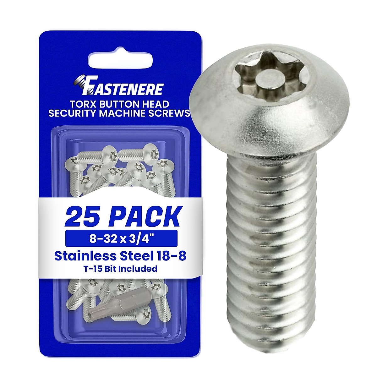Fastenere Torx Security Machine Screws - 8-32 x 3/4" (25-Pack) Stainless Steel, Tamper-Resistant, Button Head Screws, Bolt Screw for Higher Level of Safety & Theft Prevention