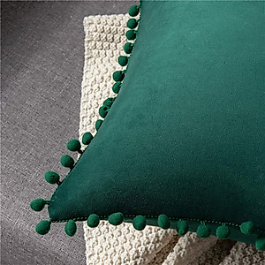 DEZENE Decorative Pillow Covers 18x18 Green: 2 Pack Cozy Soft Pom-poms Velvet Square Throw Pillow Cases for Farmhouse Home Decor