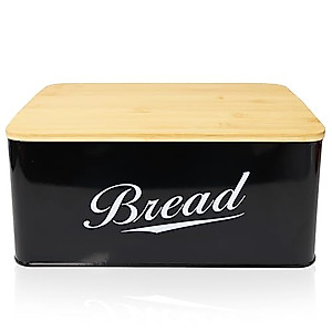 RoyalHouse Modern Metal Bread Box with Bamboo Cutting Board Lid, Bread Storage Container for Kitchen Counter, Vintage Kitchen Decor Organizer - Black