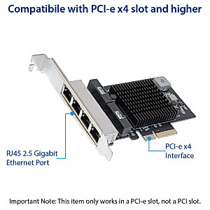 IO CREST Quad 2.5 Gigabit Ethernet PCI Express PCI-E Network Interface Card 10/100/1000/25000 Mbps RJ45 LAN Realtek RTL8125 Chipset, Black (SI-PEX24077)