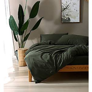 F.Y.Dreams 3Pcs Queen Size 100% Washed Cotton Duvet Cover Set,Fade-Resistant Linen Like,1 Duvet Cover 90x90 Inches with Zipper and 2 Pillowcases(NOT Suitable for Weighted Blankets),Forrest Green