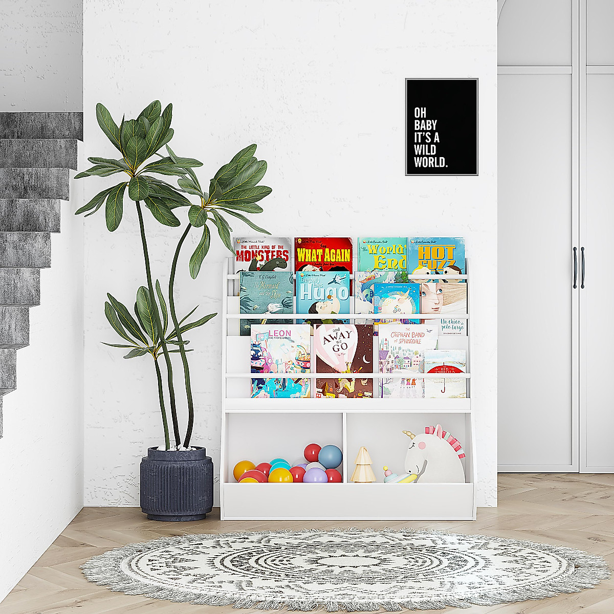 UTEX Kids Bookshelf and Toy Storage Cabinet, Kids Bookcase and Toy Organizer with Cubby, Kids Bookshelves Display Stand, Kids Book Rack for 3 Age+, White