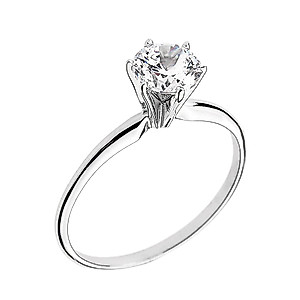 14K White Gold Round Brilliant Cut Cubic Zirconia Solitaire 6 Prong Engagement Ring with Slender Band - Size 7-1/2