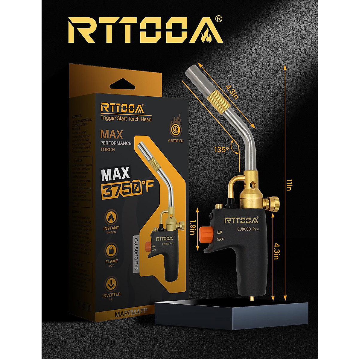 RTTOOA High Intensity Adjustable Propane Torch Head, GJ-8000 Trigger Start Mapp Gas Torch Map Gas Torch Kit with Self Ignition,Pencil Flame Welding Torch Fuel by MAPP, MAP/PRO（CSA Certified)